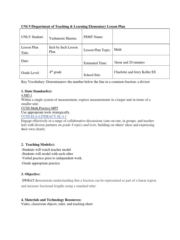 Inch by Inch Measurement Lesson Plan | PDF | Lesson Plan | Homework
