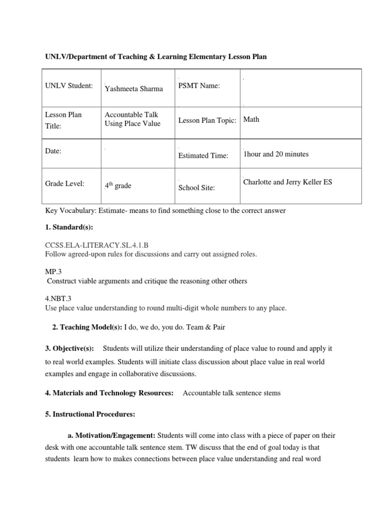 Place Value and Accountable Talk Lesson | PDF | Lesson Plan ...