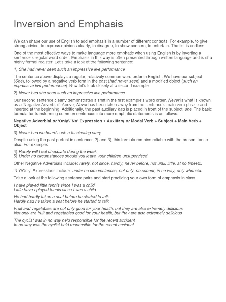 Inversion and Emphasis | PDF | Verb | English Language