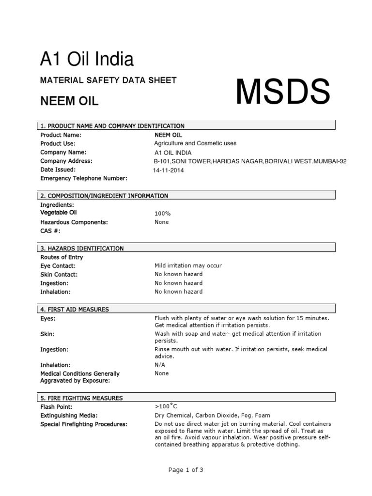 Msds Neem Oil | Firefighting | Water