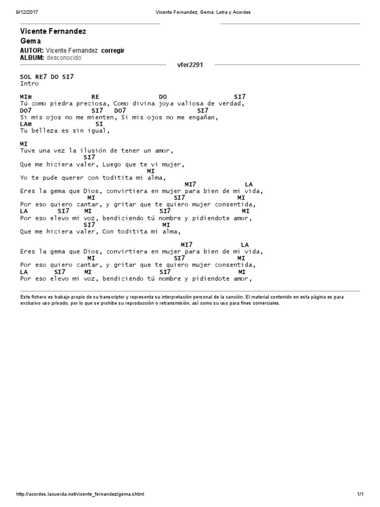 Vicente Fernandez, Gema - Letra y Acordes | PDF