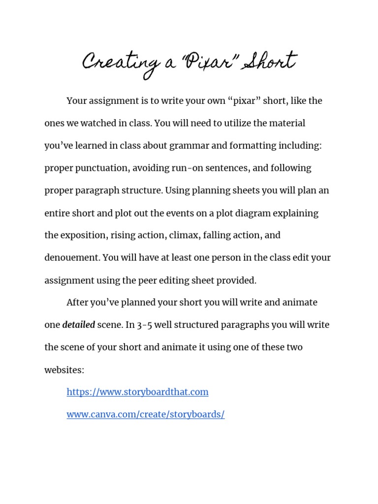 Grade 7 Pixar Short Story Assignment | PDF | Plot (Narrative ...