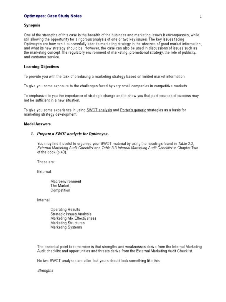 Optimeyes CS Notes (With SWOT) | PDF | Swot Analysis | Market Segmentation