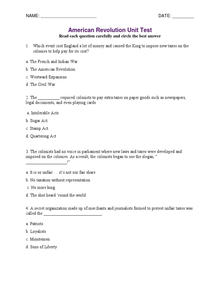 Unit Test American Revolution Word | PDF