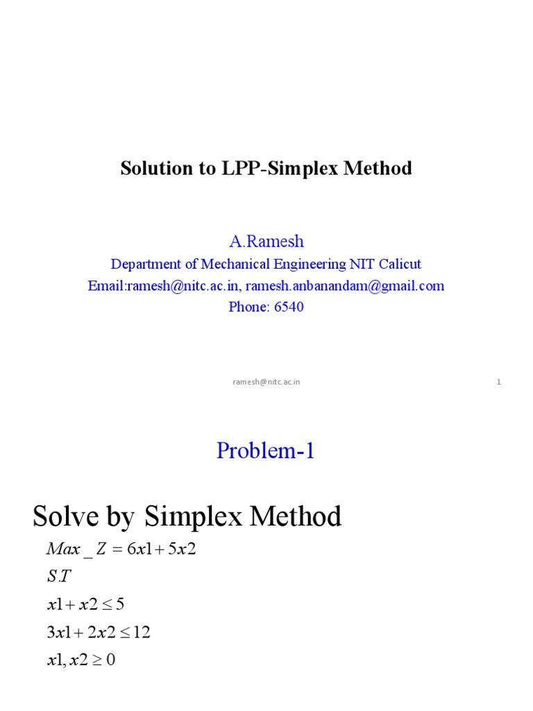 Solution To LPP-Simplex Method: A.Ramesh | PDF | Mathematical ...