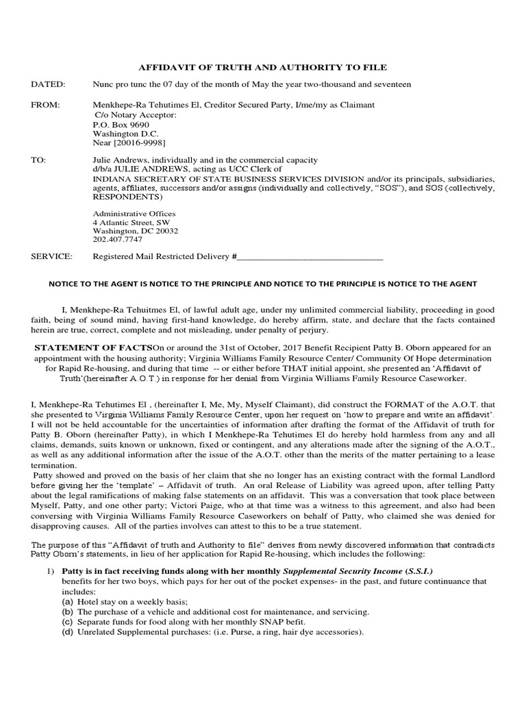 Affidavit of Truth and Authority To File-Master | PDF | Supplemental ...