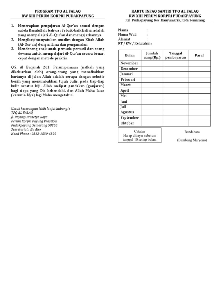 Kartu Infaq Santri TPQ Al Falaq | PDF