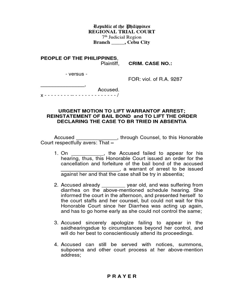 Motion to Lift Arrest Warrant in Cebu | PDF | Bail | Courts