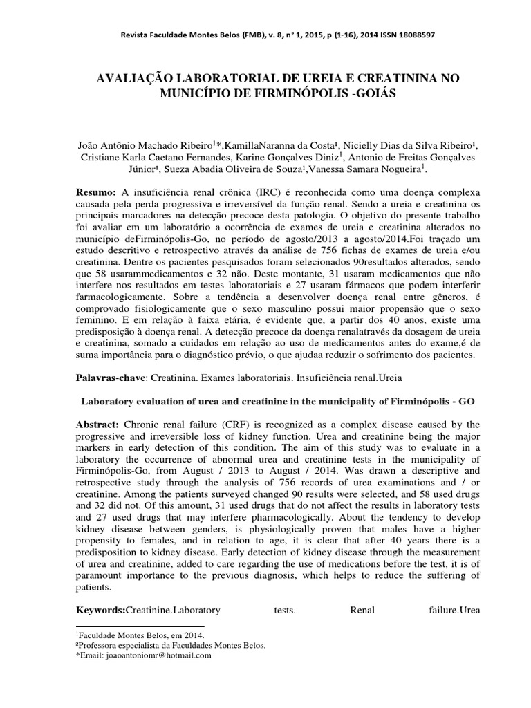 Avaliação Laboratorial Ureia e Creatinina PDF | PDF | Especialidades ...