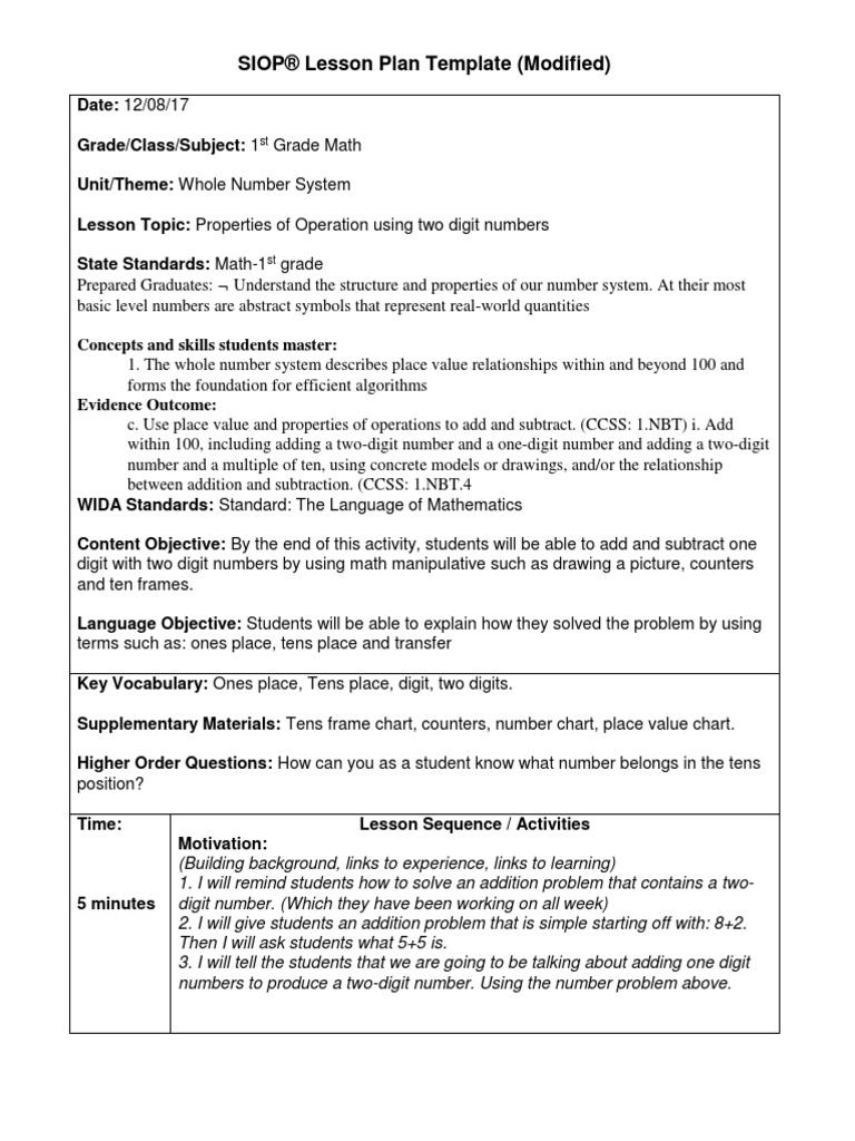 Math Siop Lesson Plan | PDF | Educational Assessment | Teaching Mathematics