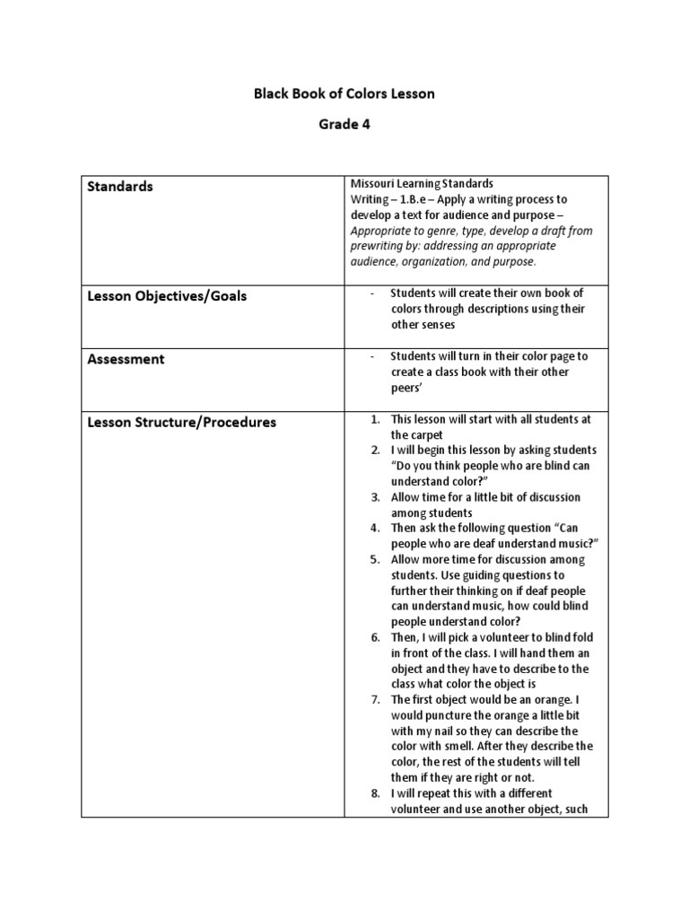 Black Book of Colors Lesson | PDF | Pedagogy | Learning