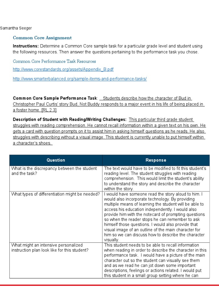 Instructions: Determine A Common Core Sample Task For A Particular ...