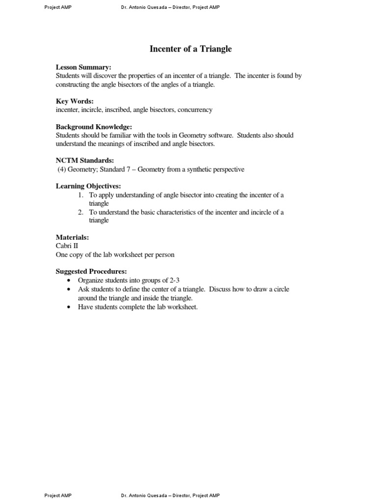 Incenter of A Triangle: Lesson Summary | PDF | Triangle | Perpendicular