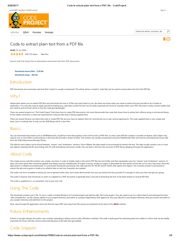 Code To Extract Plain Text From A Pdf File Codeproject Pdf Data Compression Portable