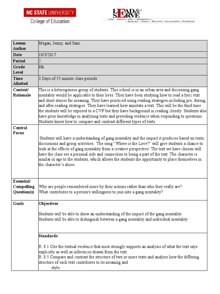 Gang Mentality Lesson Plan | PDF | Cognition | Learning