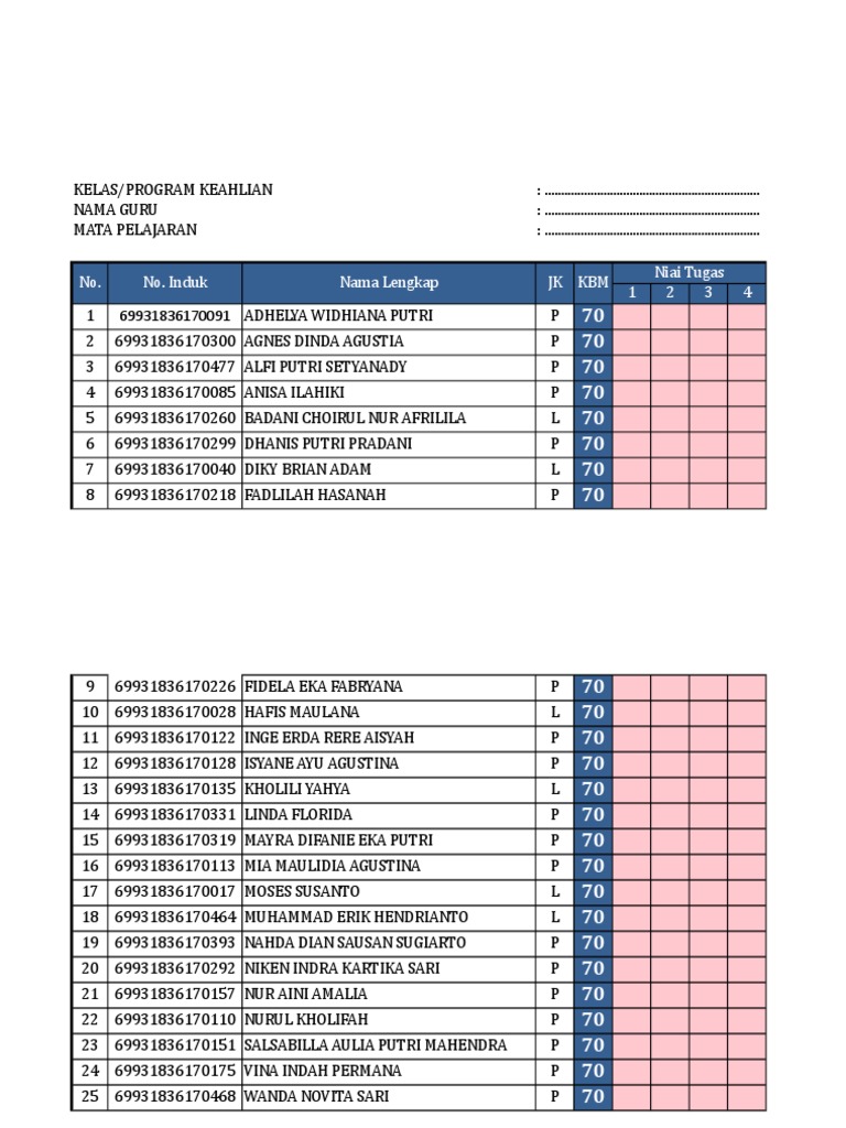 Format Nilai Pas SMK NMC | PDF