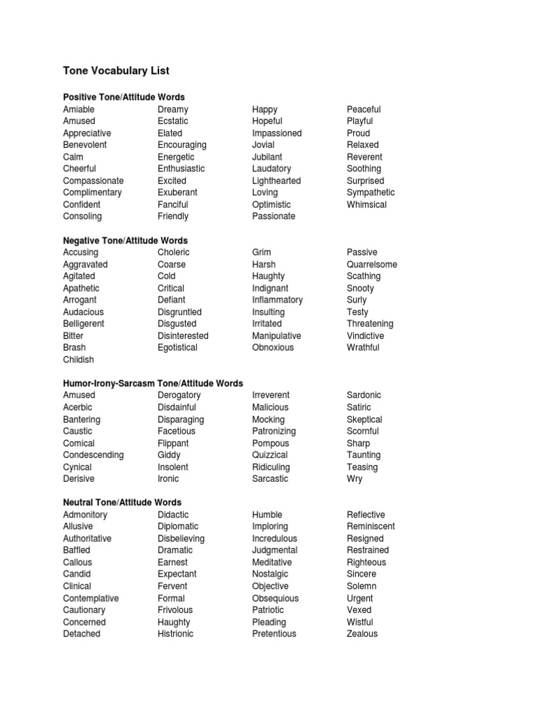 Tone Vocabulary List: Positive Tone/Attitude Words | PDF