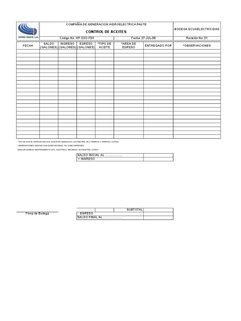 Formatos Control De Aceites Pdf