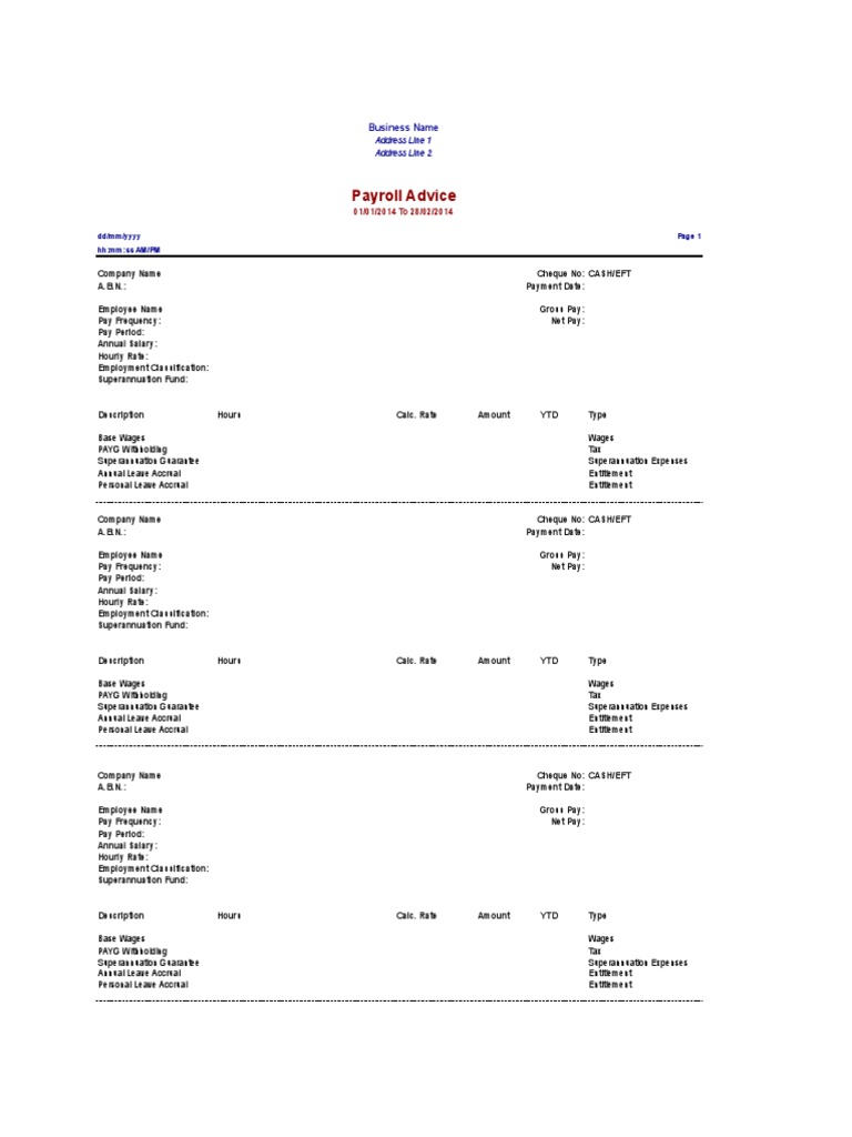 Australian Payslip Template Example | PDF | Pension | Payroll