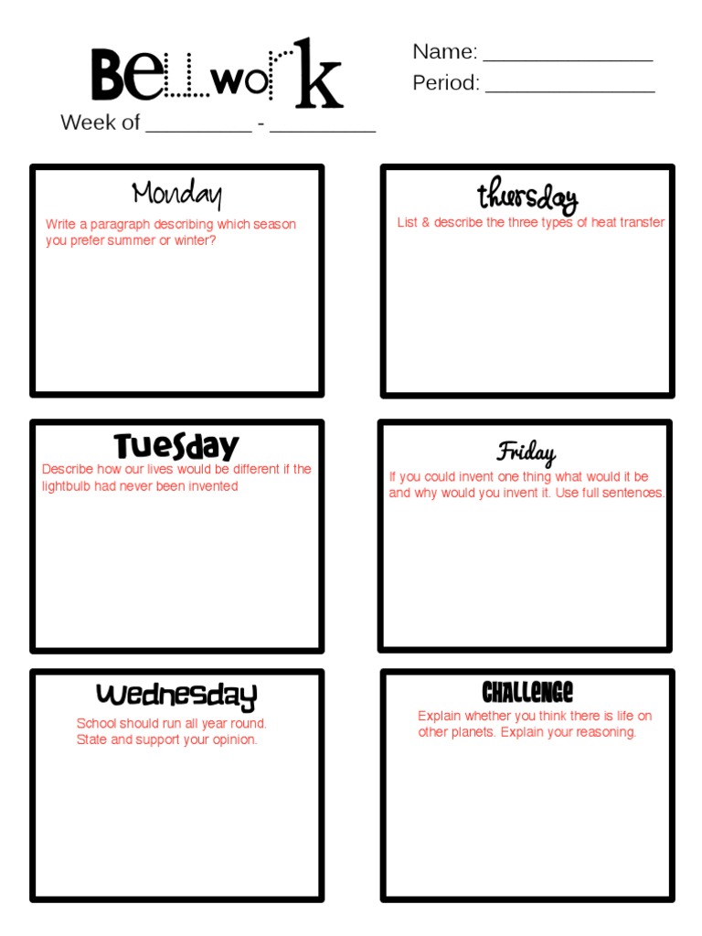 Bellwork: Name: - Period | PDF