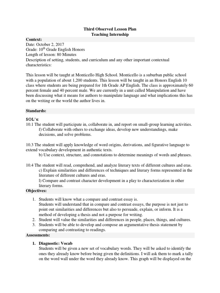 Third Observed Lesson Plan Teaching Internship Context | PDF | Essays ...