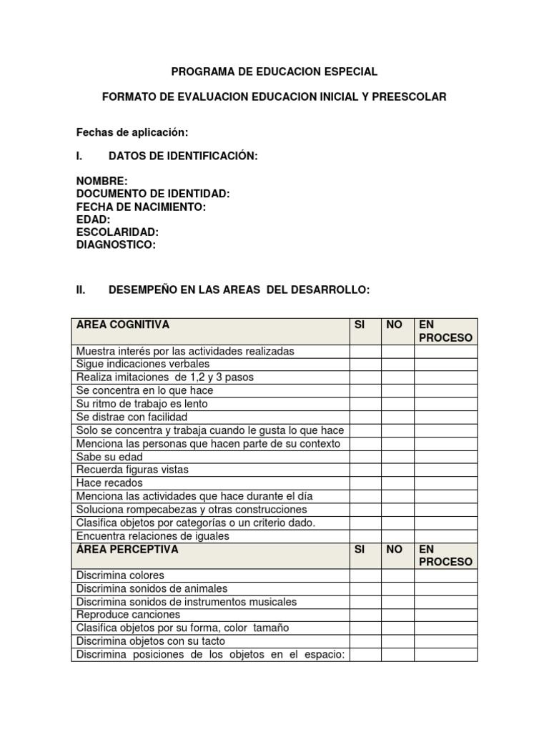 Formato de Evaluacion. Educacion Inicial | PDF | Sicología