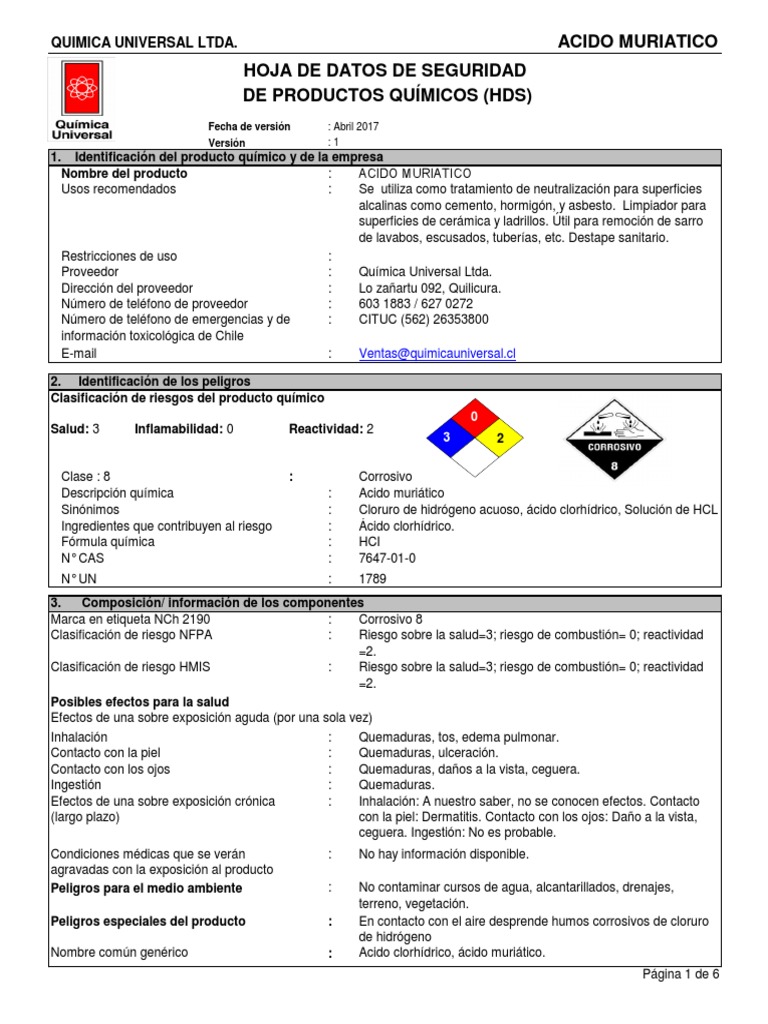 Uso Y Seguridad Del ácido Muriático Pdf ácido Clorhídrico Agua