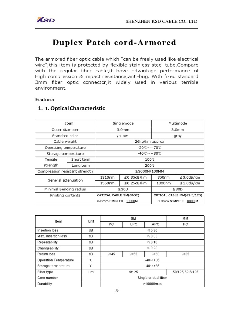 Duplex Patch Cord with Armored Protection: Product Specifications and Features of an Optical ...
