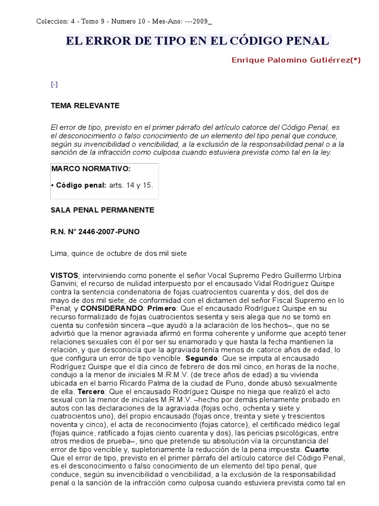 El Error de Tipo en El Código Penal | PDF | Intención (Derecho Penal ...