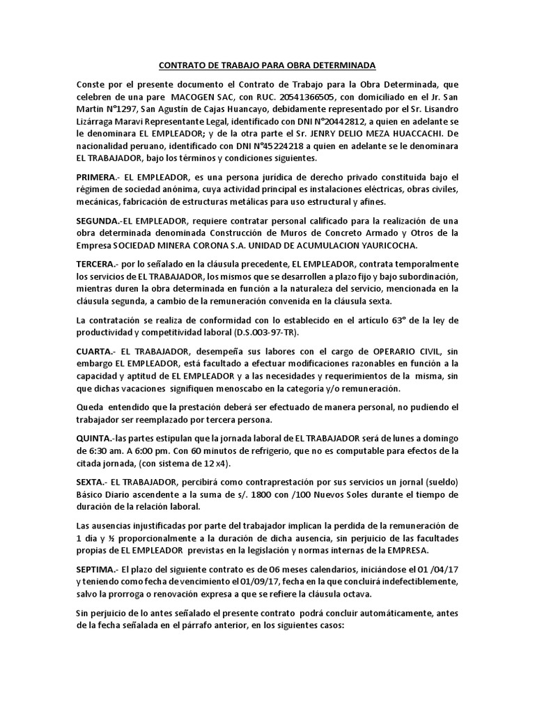 Contrato de Trabajo para Obra Determinada | PDF | Derecho laboral | Salario