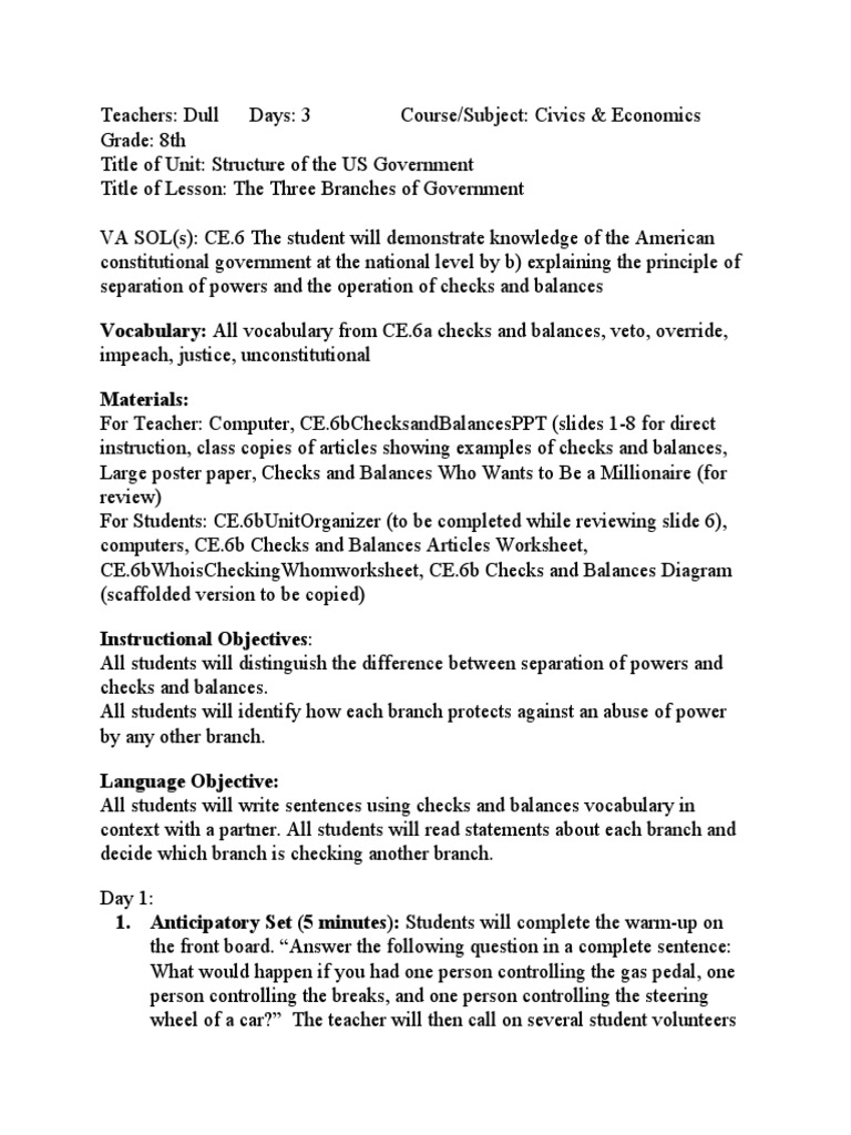 Civics Lesson Word | PDF | Separation Of Powers | United States Congress