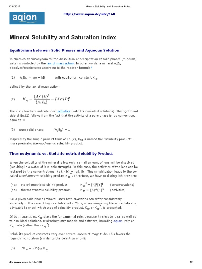 Mineral Solubility and Saturation Index | PDF | Solubility | Chemical ...