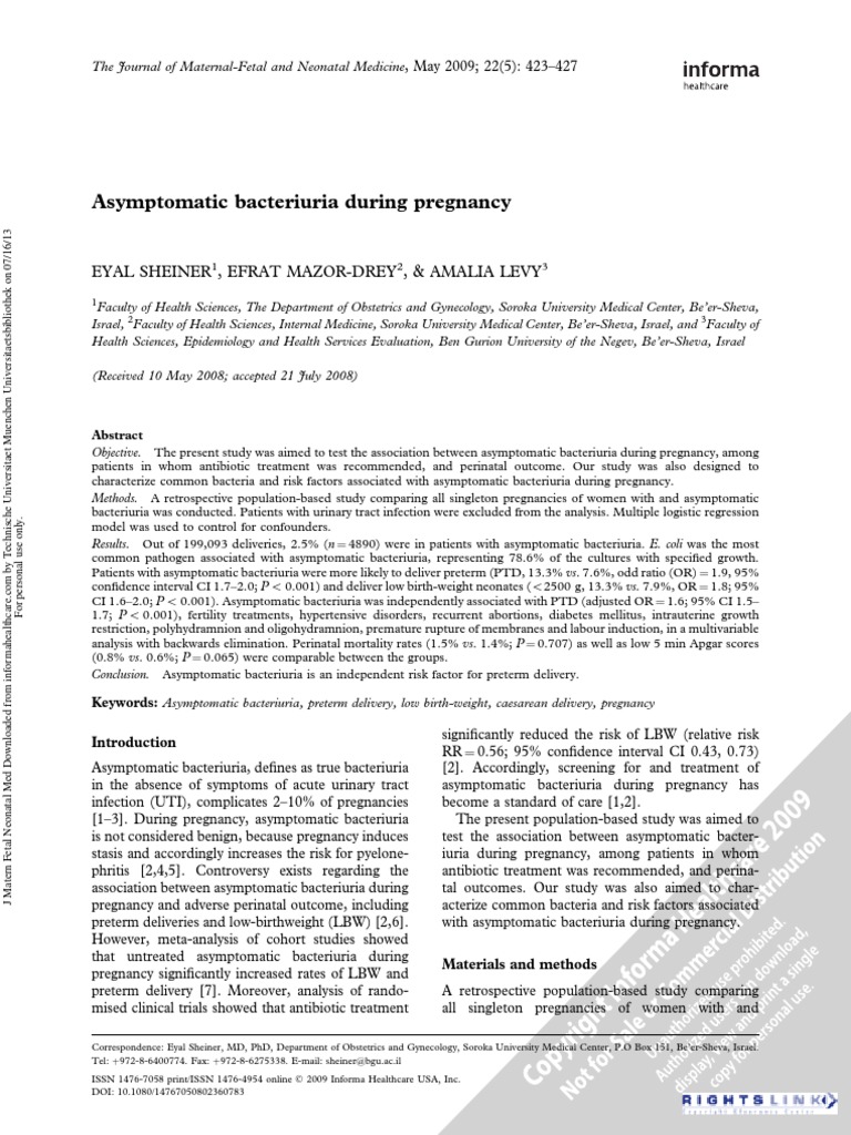 Asymptomatic Bacteriuria During Pregnancy: Eyal Sheiner, Efrat Mazor ...