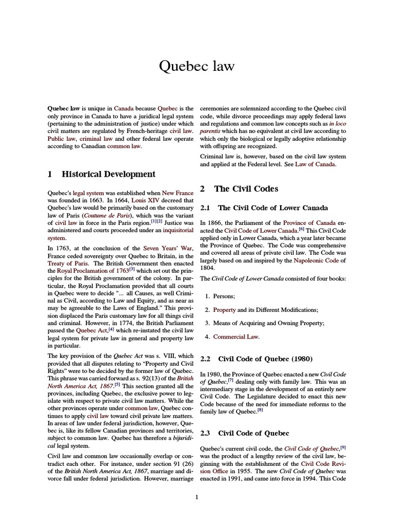 Quebec Law: 1 Historical Development 2 The Civil Codes | PDF ...