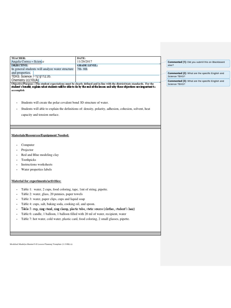 Final Lesson Plan Water Properties | PDF | Adhesion | Molecules