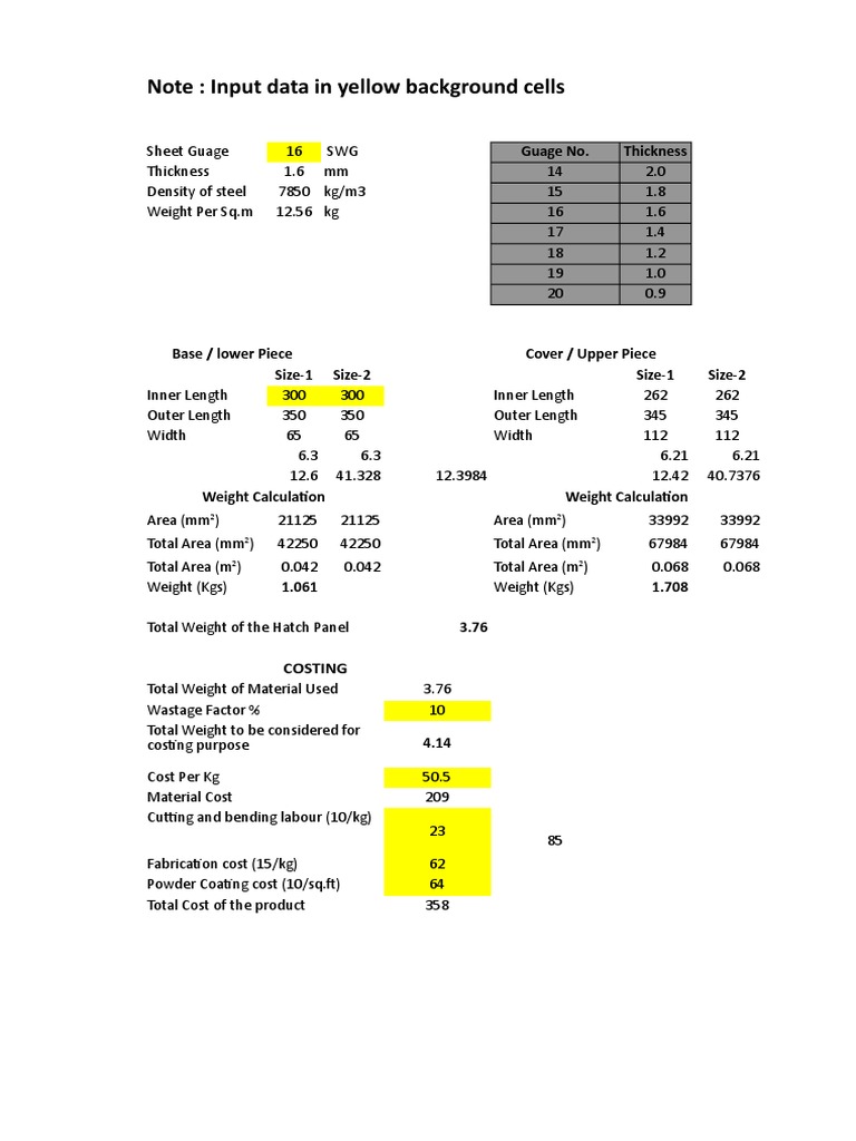 Covers Calculation Sheet | PDF | Kilogram | Materials