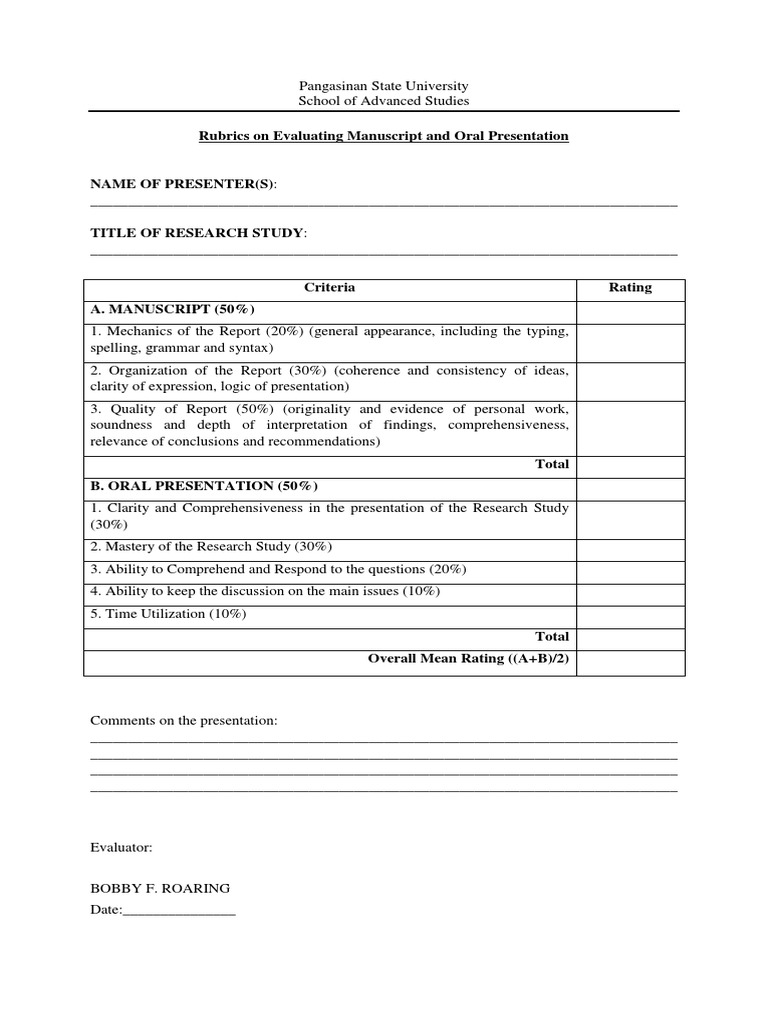 Rubrics On Evaluating Manuscript and Oral Presentation | PDF