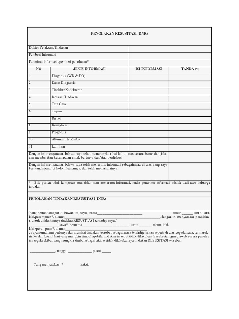 Contoh Formulir Penolakan Resusitasi (DNR) | PDF