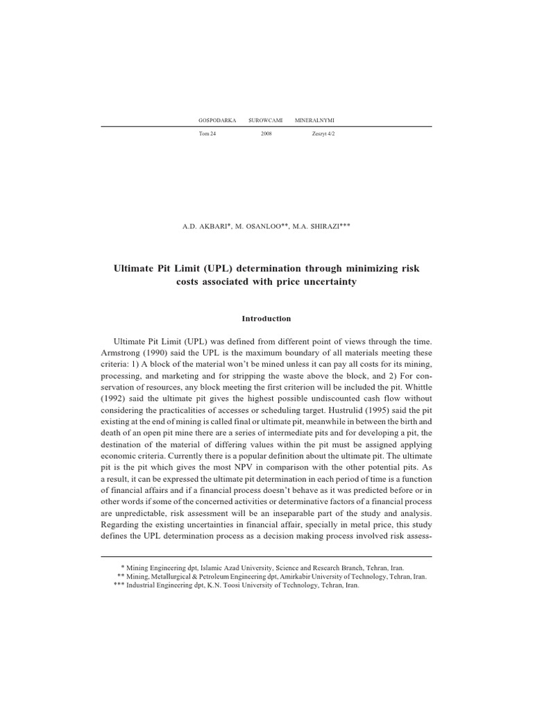 Ultimate Pit Limit (UPL) Determination Through Minimizing Risk Costs ... Ultimate Pit Limit (UPL) Determination Through Minimizing Risk Costs ...