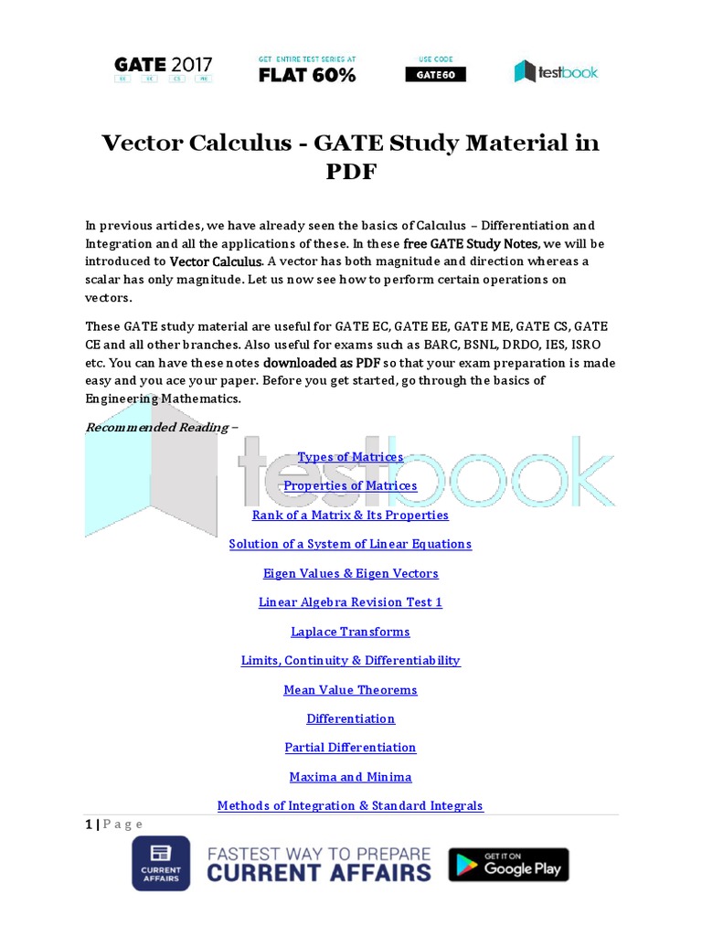 Vector Calculus GATE Study Material in PDF | PDF | Divergence | Vector Space