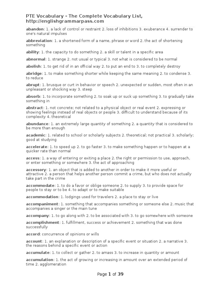 PTE Vocabulary - The Complete Vocabulary List | PDF | Interest | Argument