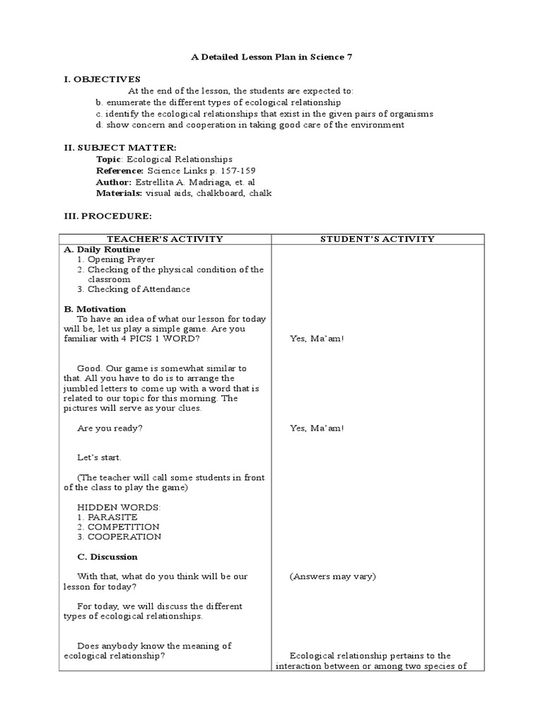 Ecological Relationships Lesson Plan | PDF | Symbiosis | Parasitism