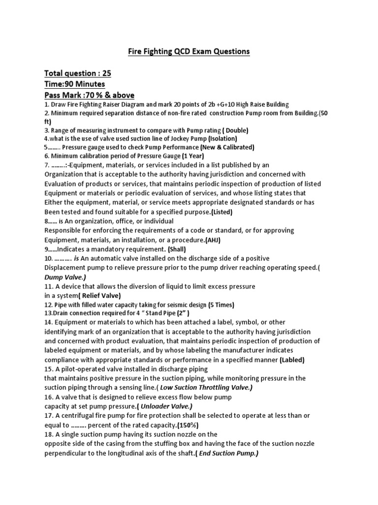 Fire Fighting QCD Exam Questions | PDF | Fire Sprinkler System | Pump