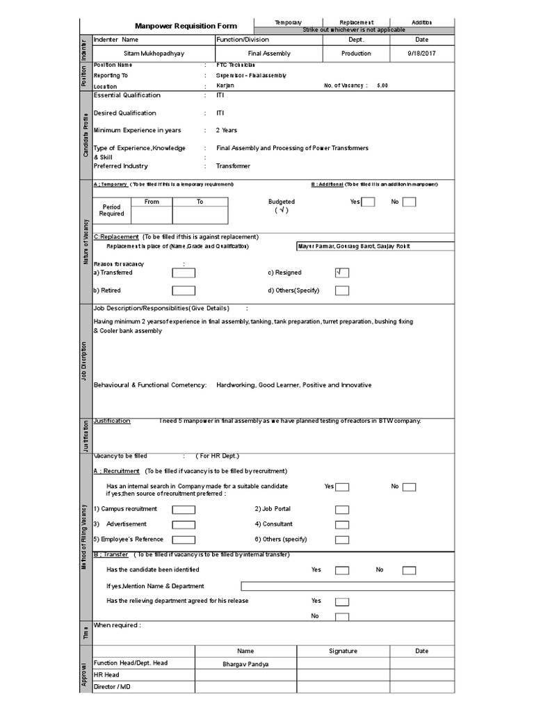 Manpower Requisition Form-TPC Employees | Recruitment | Employment