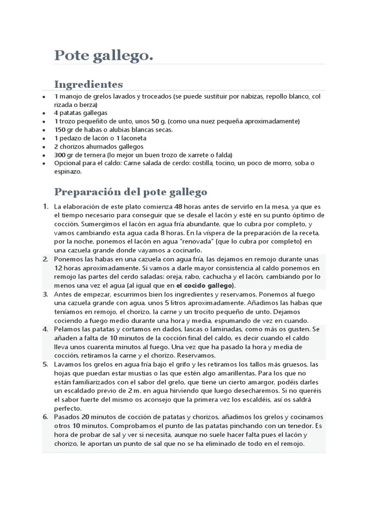 Receta Pote Gallego | PDF | Cocina mediterranea | Cocina