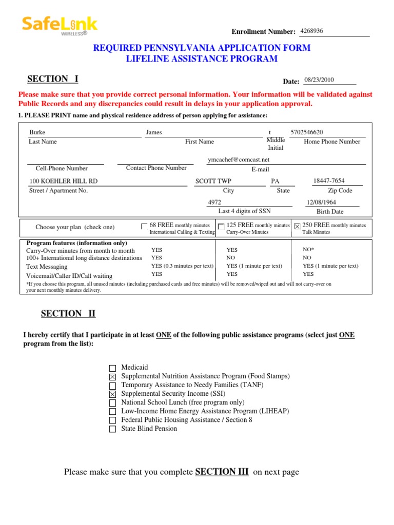 Required Pennsylvania Application Form Lifeline Assistance Program ...