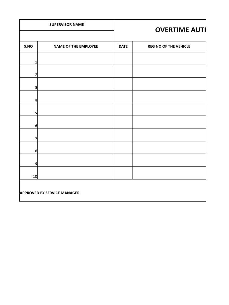 Overtime Authorization Slip for 10 Employees Showing Vehicle Details ...