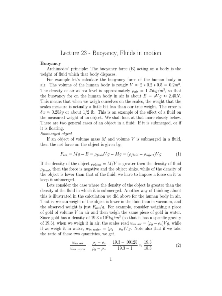 Lecture 23 - Buoyancy, Fluids in Motion | PDF | Buoyancy | Density
