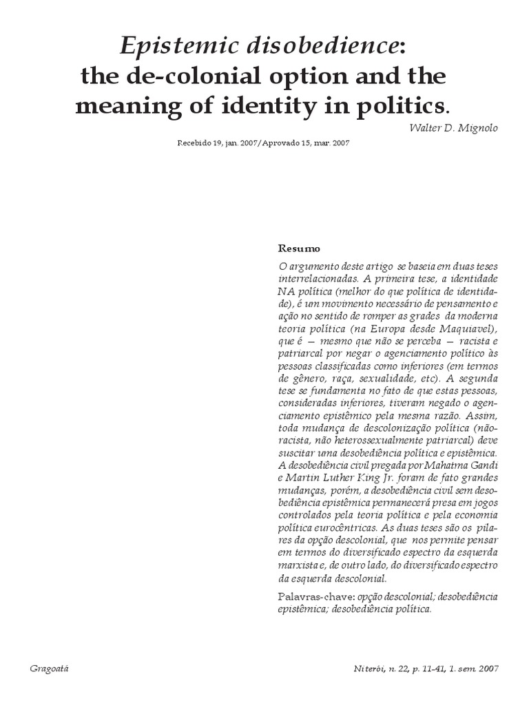 Epistemic Disobedience The De-Colonial Option and The Meaning of ...