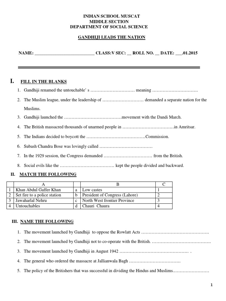 Class V Social Studies Worksheet Gandhi Leads The Nation | PDF ...